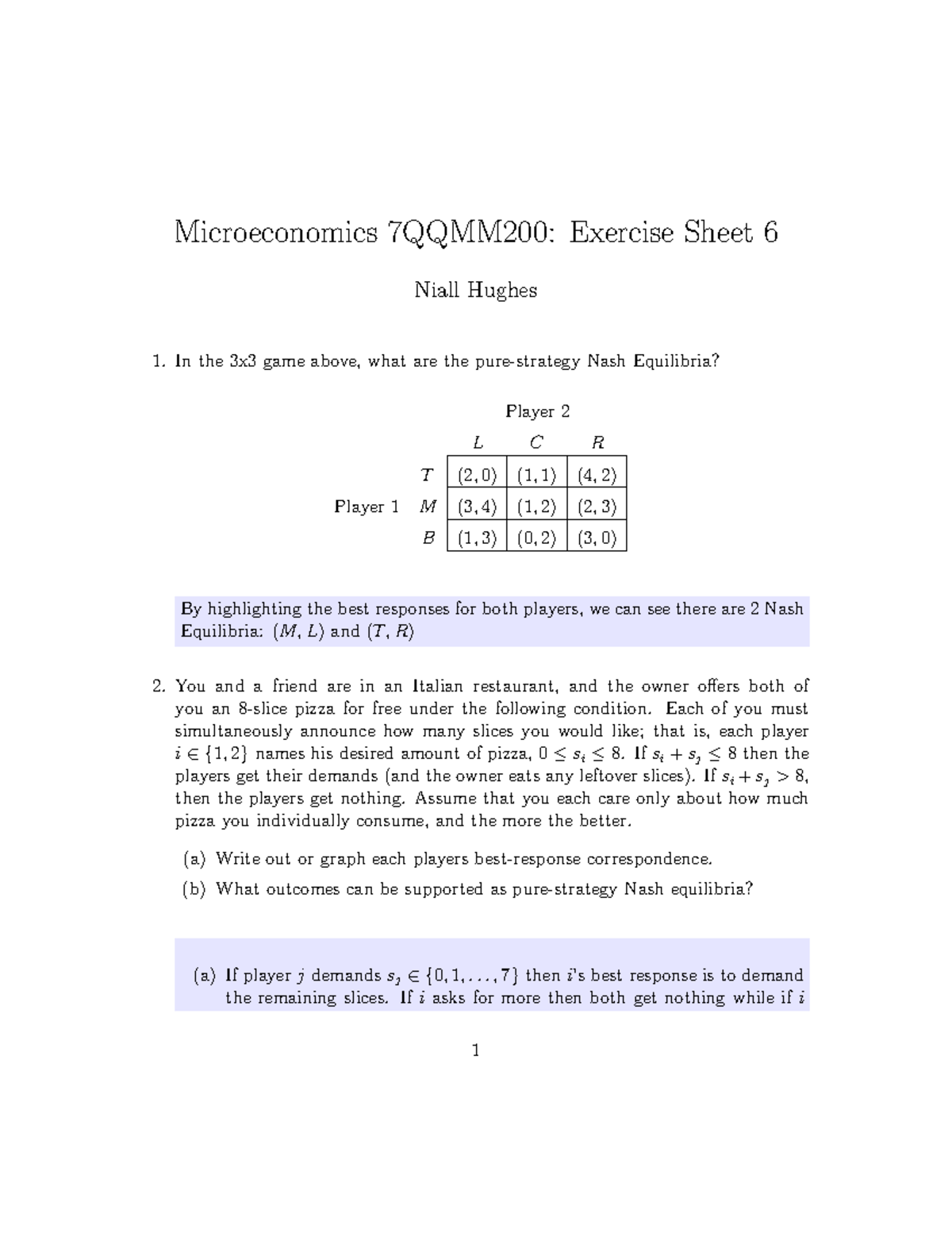 MSc Micro Tutorial 6 Answers - Microeconomics 7QQMM200: Exercise Sheet ...