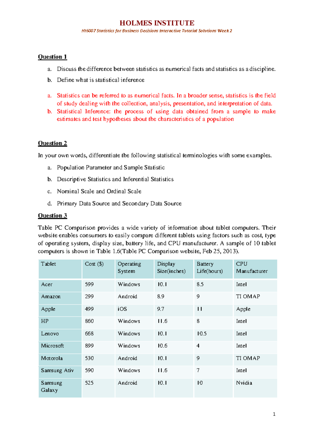 HI6007 Week 2 Interactive Tutorial Solutions - HI6007 Statistics for Business Decisions ...