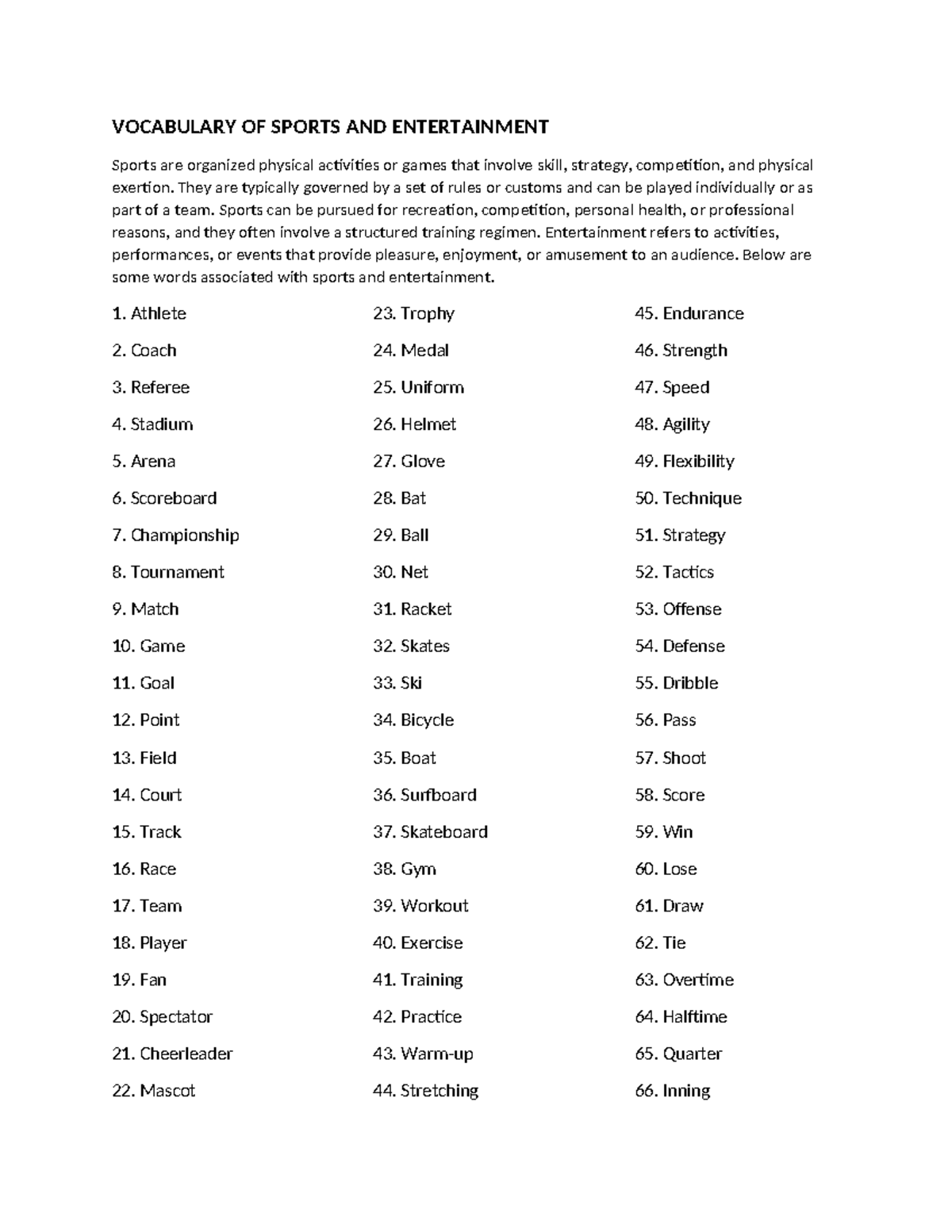 Vocabulary OF Sports AND Entertainment - VOCABULARY OF SPORTS AND ...