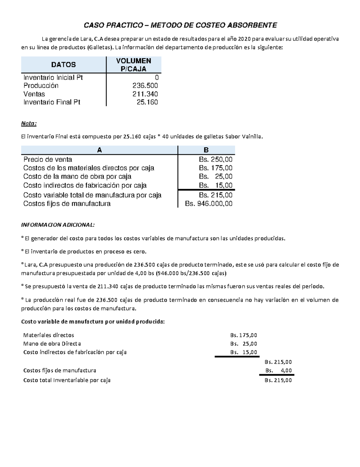 3.- Costeo Absorbente (CASO Practico) - CASO PRACTICO – METODO DE ...