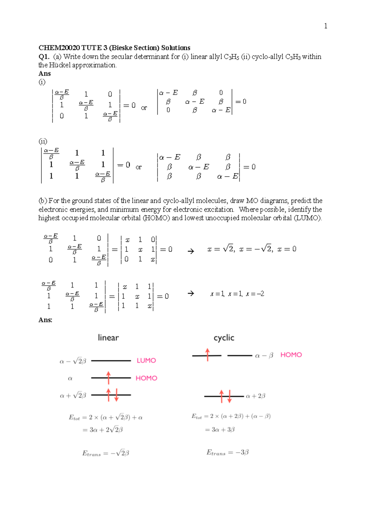 Tute3solns - Prac - CHEM20020 TUTE 3 (Bieske Section) Solutions Q1. (a ...