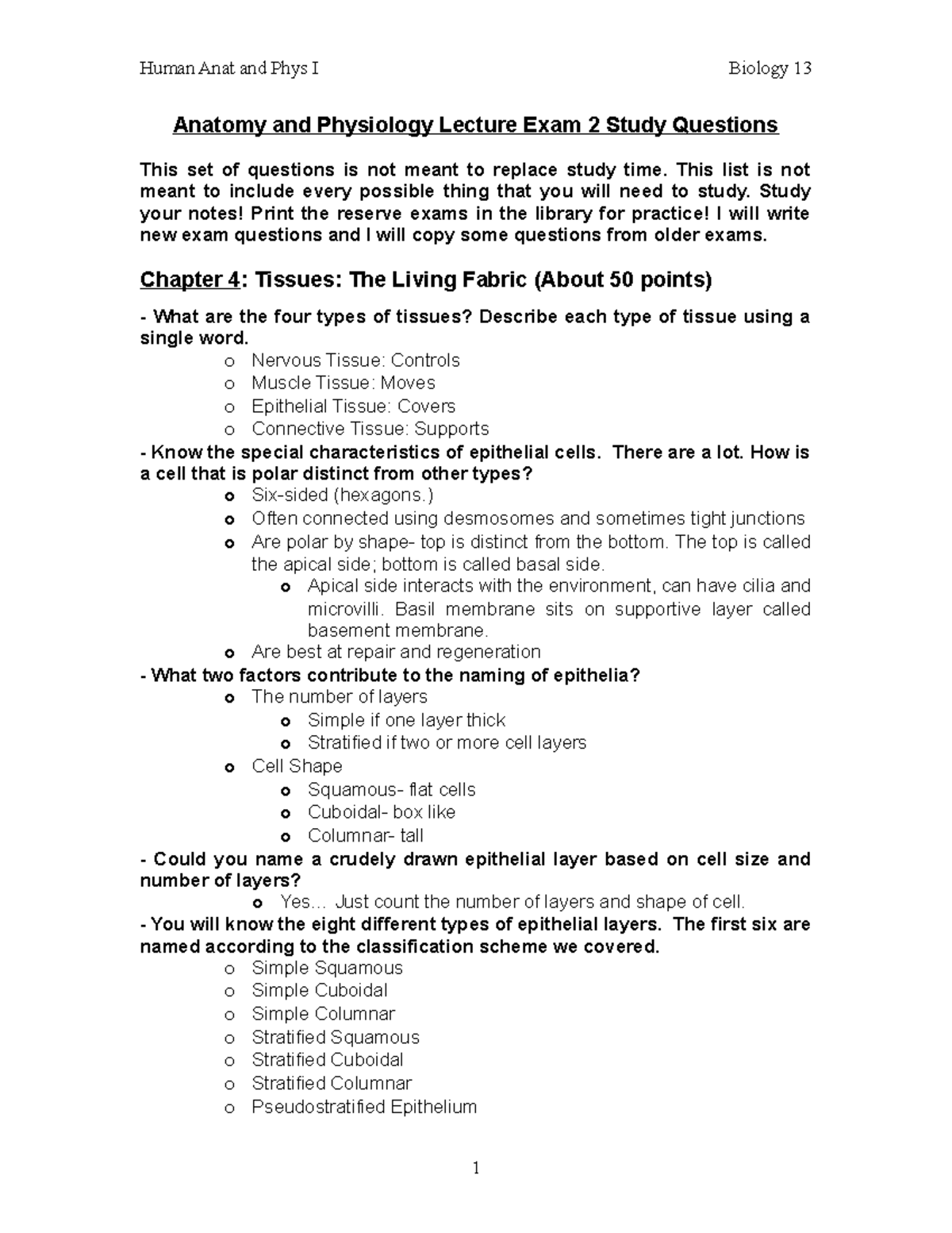 API Study Guide for Lecture Exam #2 Spring 2019 - Anatomy and ...