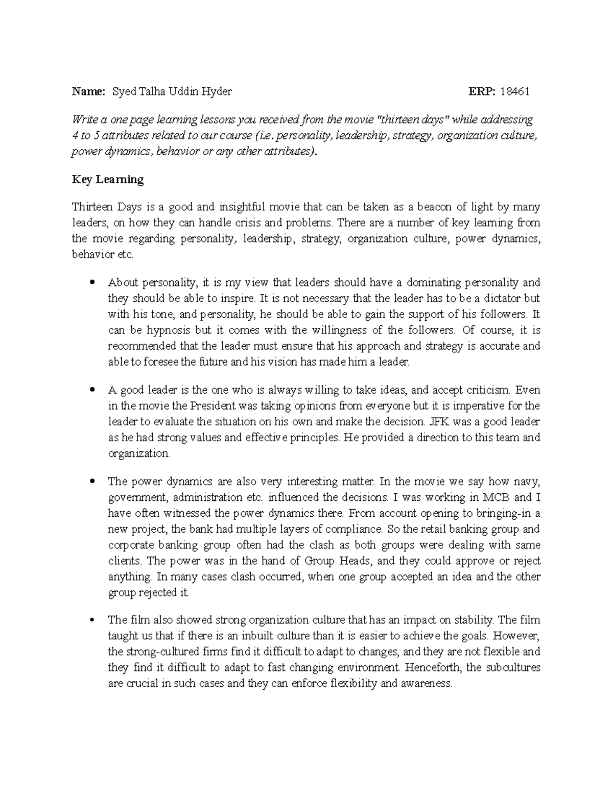 OBL Assignment- Talha Hyder - Name: Syed Talha Uddin Hyder ERP: 18461 ...