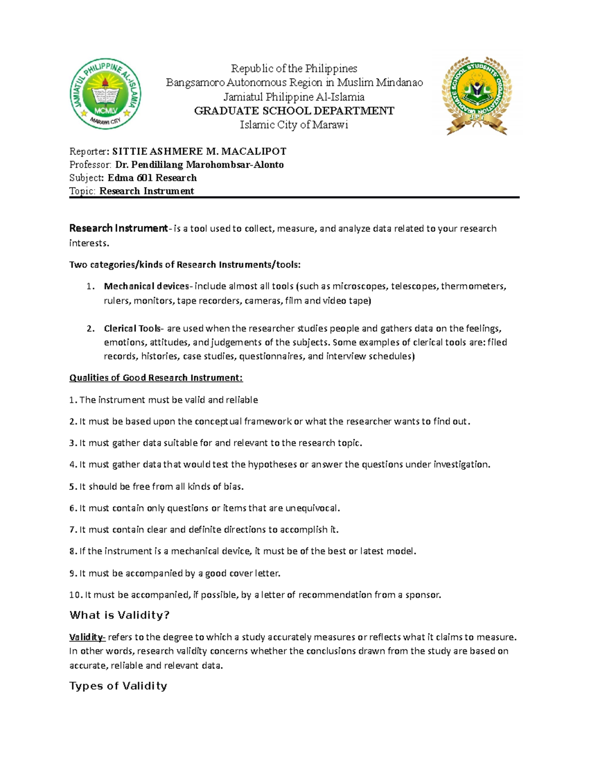 research instrument - Republic of the Philippines Bangsamoro Autonomous ...