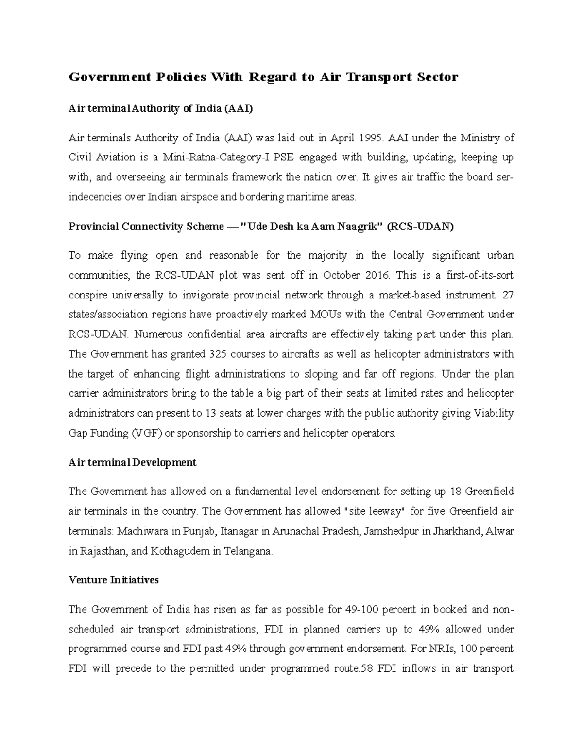 Government Policies With Regard to Air Transport Sector - AAI under the ...
