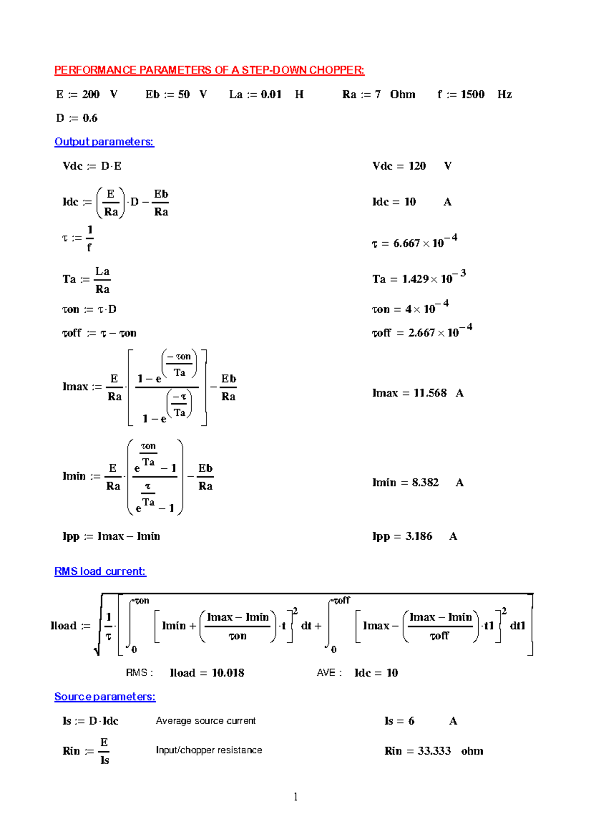 Chopper parameters - Lecture notes 3 - ττττoff 2 10= × − 4 Imax E Ra 1 ...