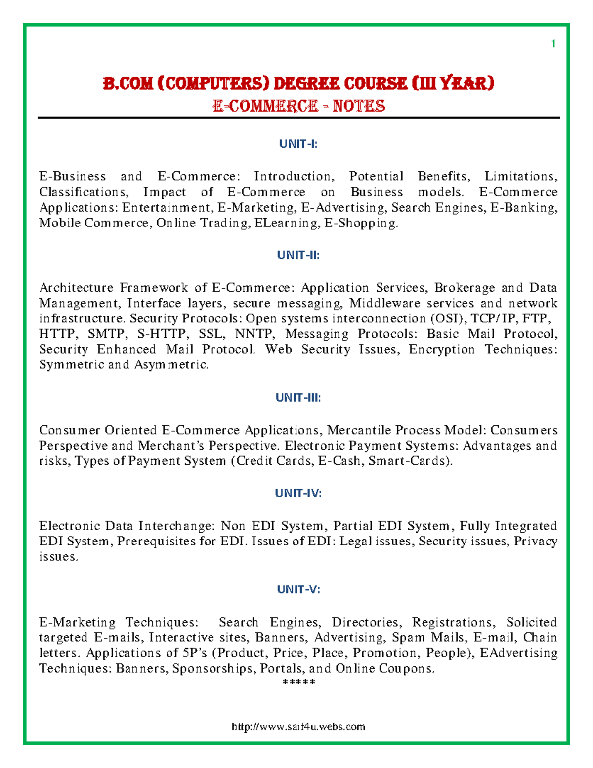 E Commerce Description Lecture Notes B Computers Degree Course Iii