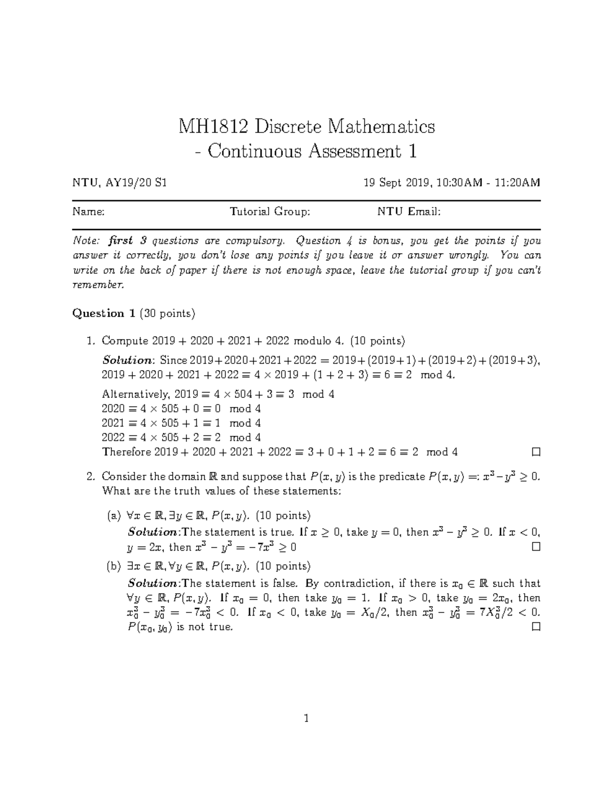 CA1 2019 Solution - MH1812 Discrete Mathematics - Continuous Assessment ...