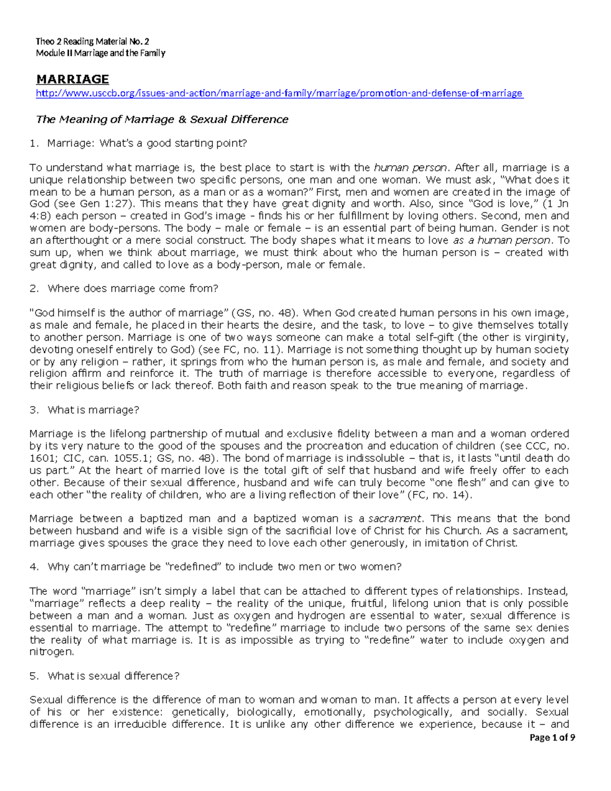 Module II Marriage Questions and Answers - Module II Marriage and the ...