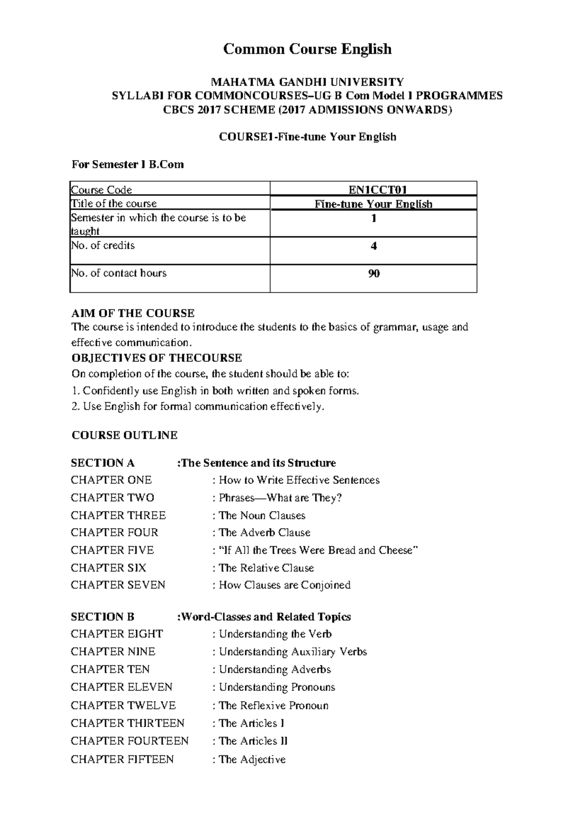 NEW- Revised-B Com Common Courses-2017 1 - 1 - Common Course English ...