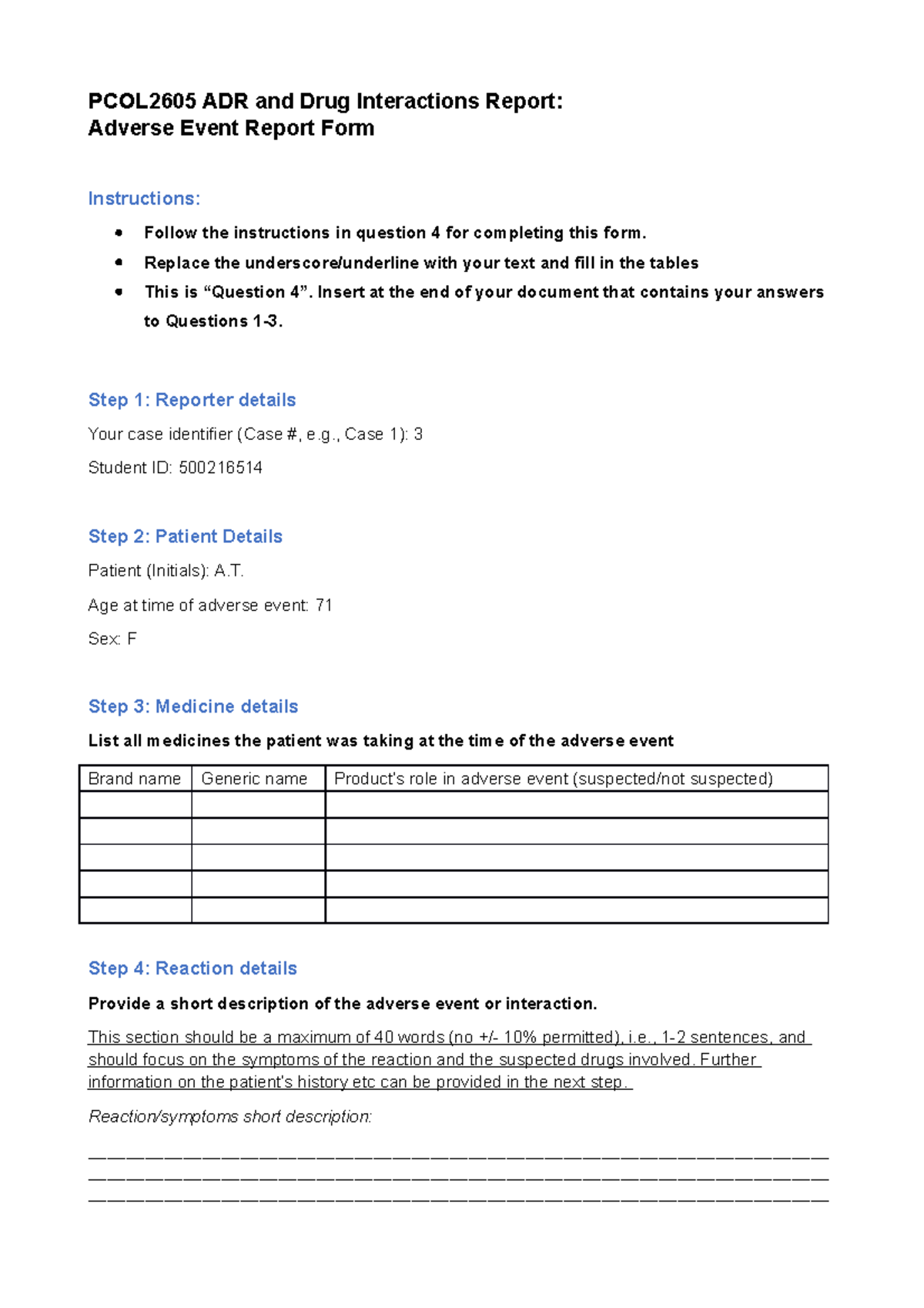 PCOL2605 Adverse Event Report Form template - PCOL2605 - USyd - Studocu