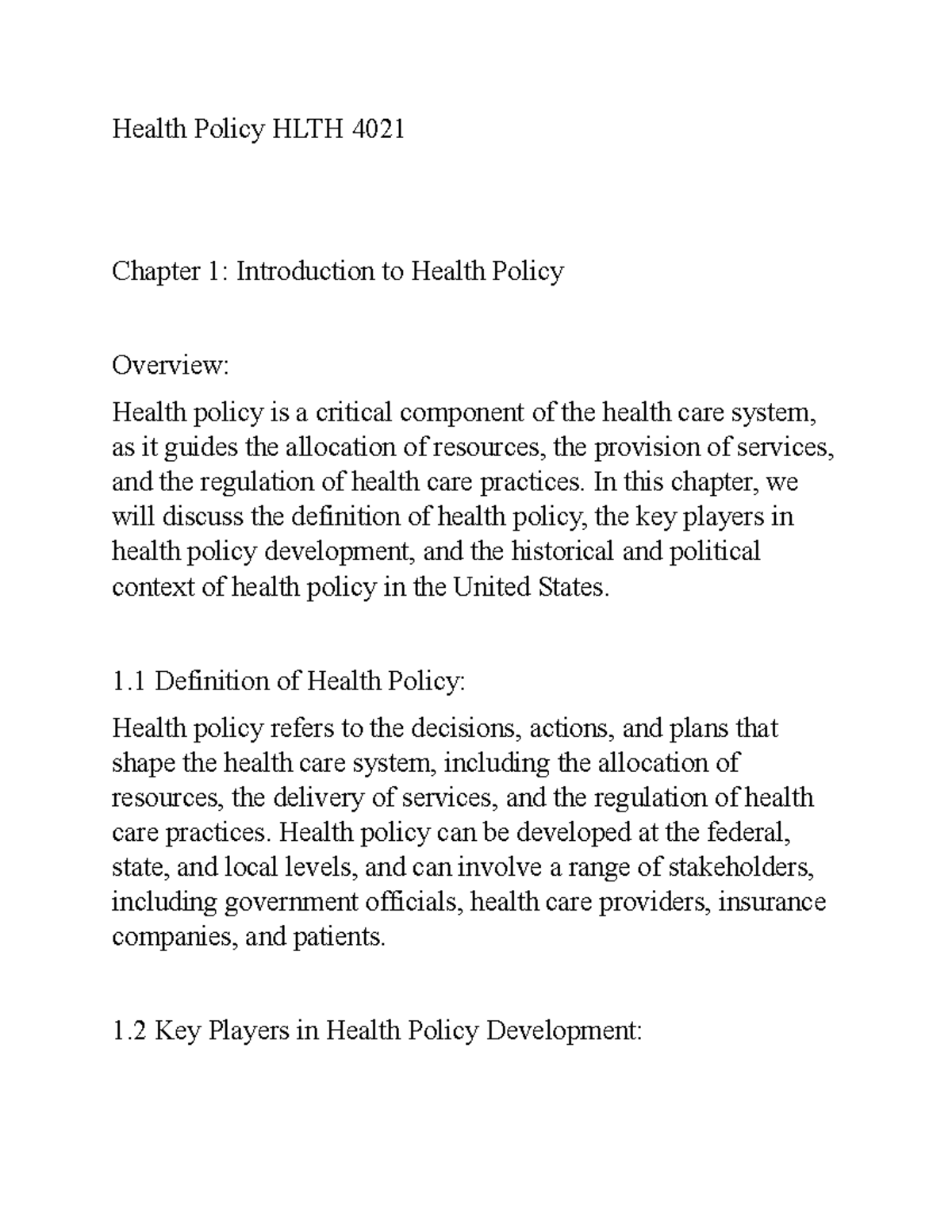 Health Policy HLTH 4021 1 - Health Policy HLTH 4021 Chapter 1 ...