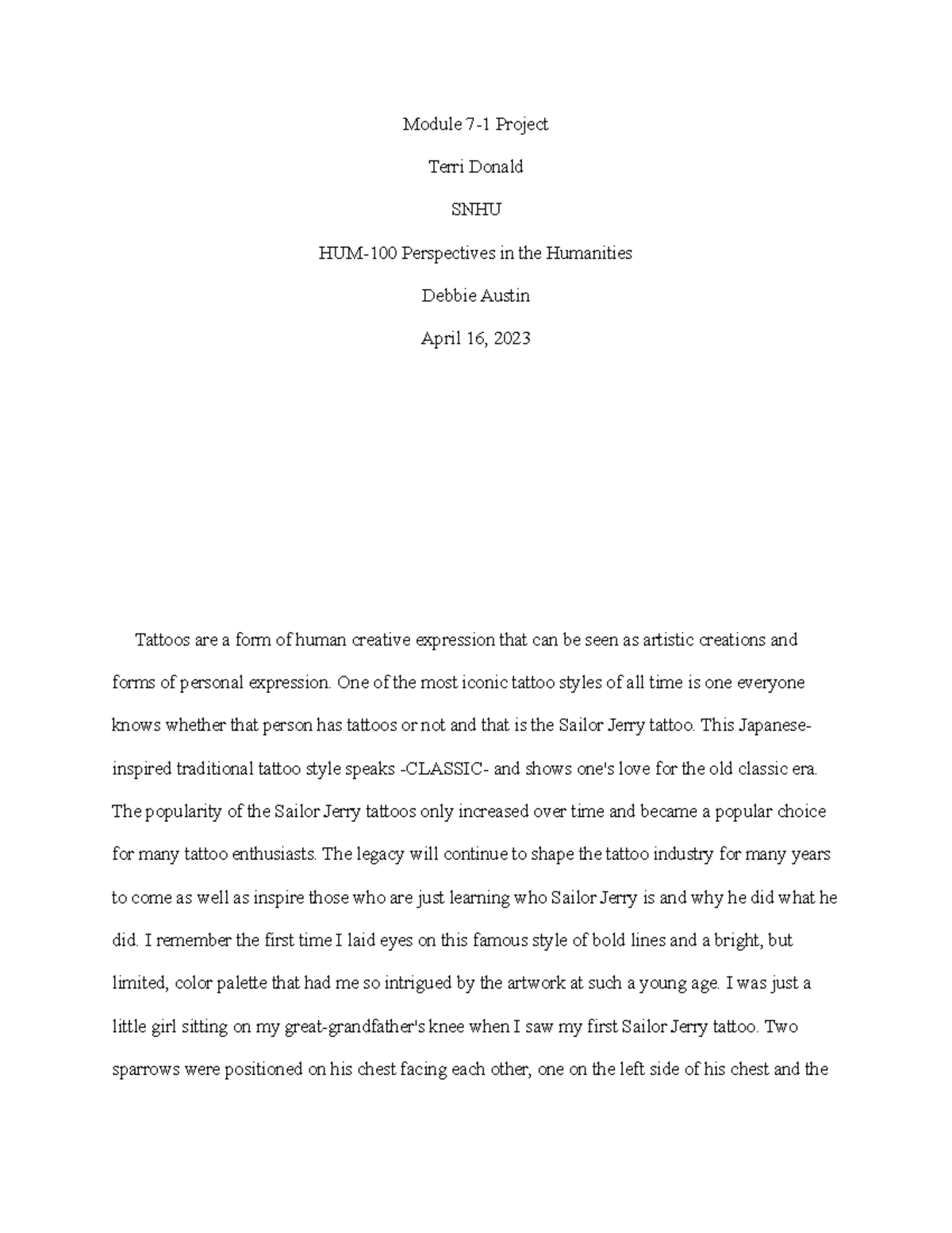 HUM-100 Module 7-1 Project - Module 7-1 Project Terri Donald SNHU HUM ...