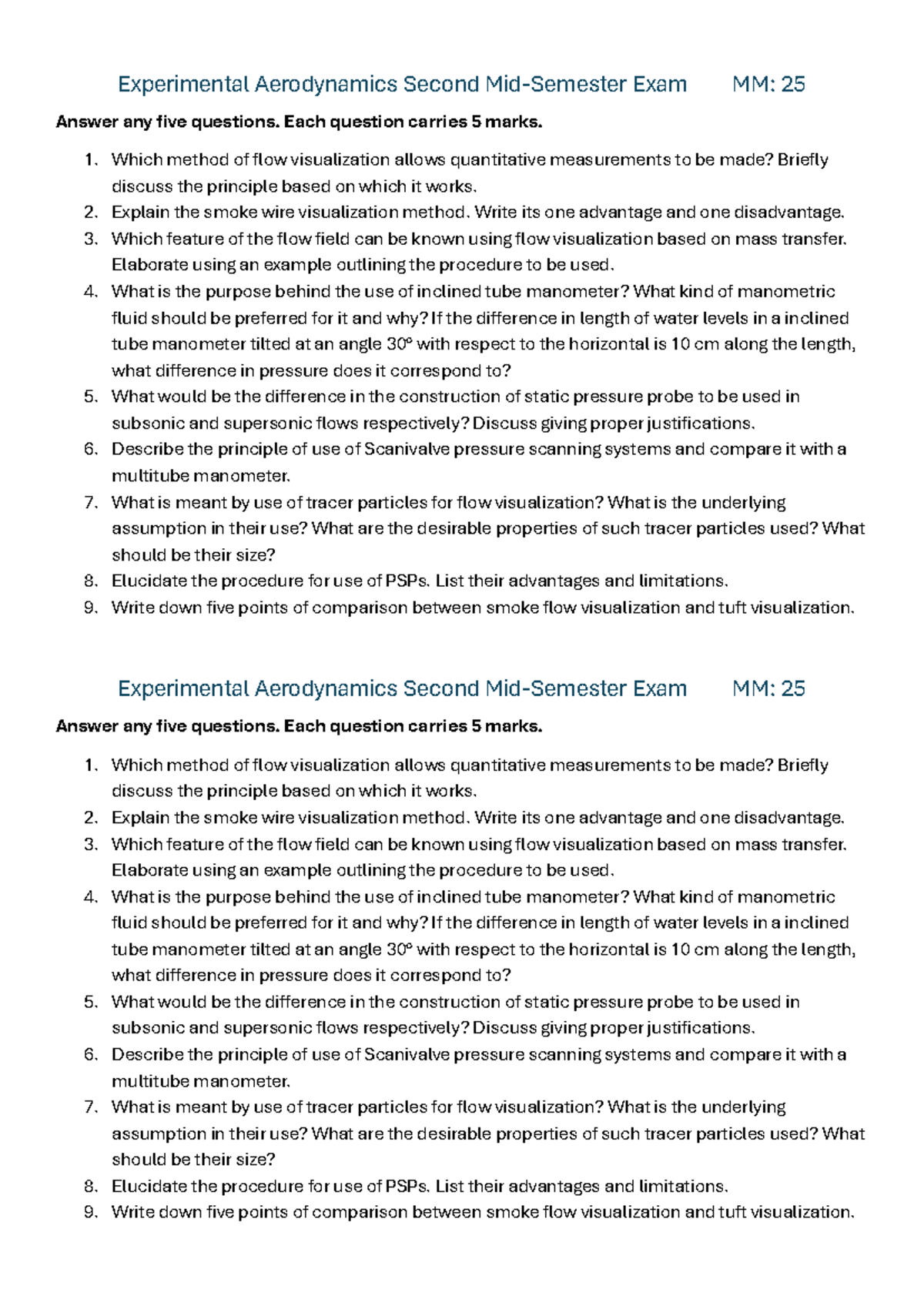 Experimental Aerodynamics 2nd mid-semester question paper ...