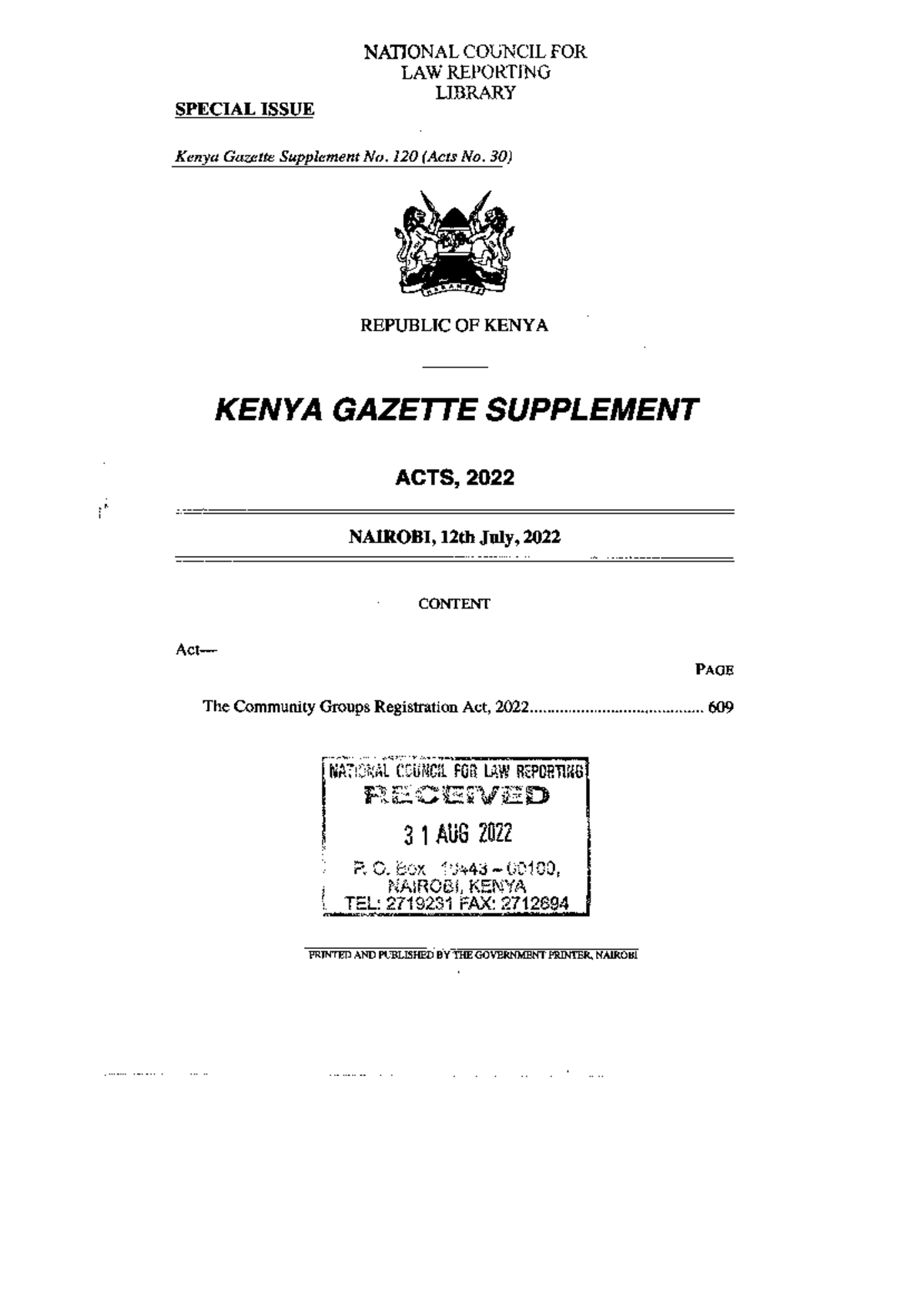 The Community Groups Registration Act No 30 of 2022 - NATIONAL COUNCIL ...