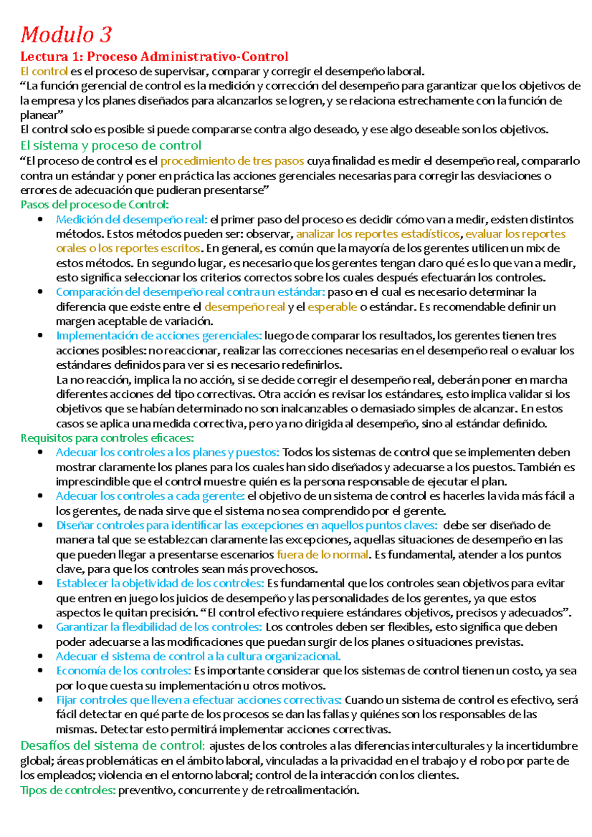 Modulo 3 resumen - Modulo 3 Lectura 1: Proceso Administrativo-Control El control es el proceso ...