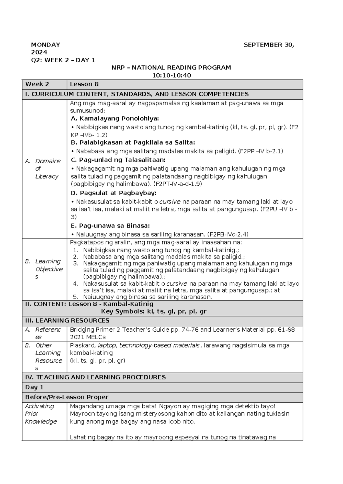 NRP Q2 WEEK 2 DAY 1 - lesson plan - MONDAY SEPTEMBER 30, 2024 Q2: WEEK ...