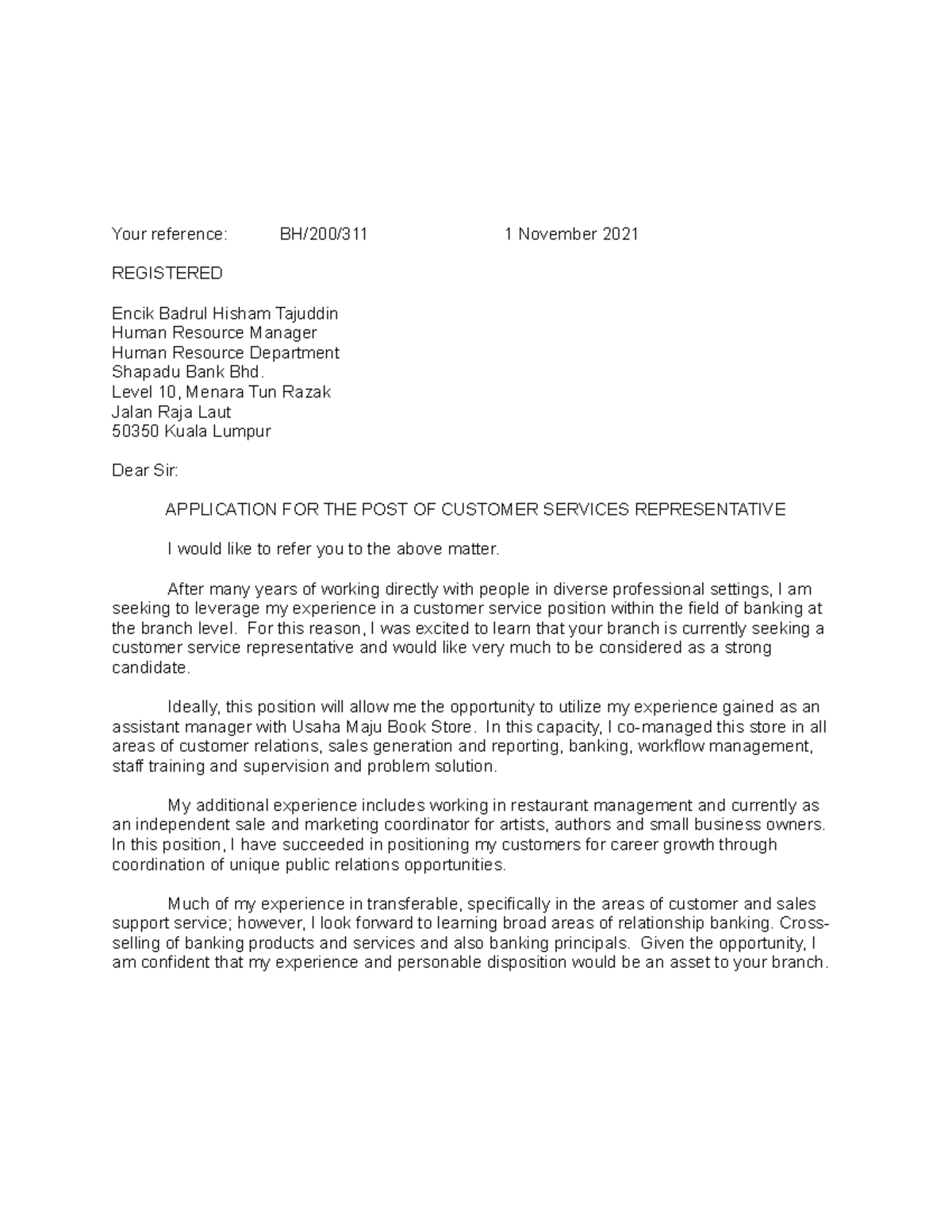 Letter 7 - Example of latter - Your reference: BH/200/311 1 November ...