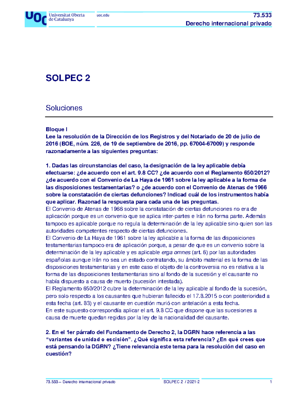 73533 Solpec 2 2021 2 - Derecho internacional privado SOLPEC 2 Soluciones Bloque I Lee la ...
