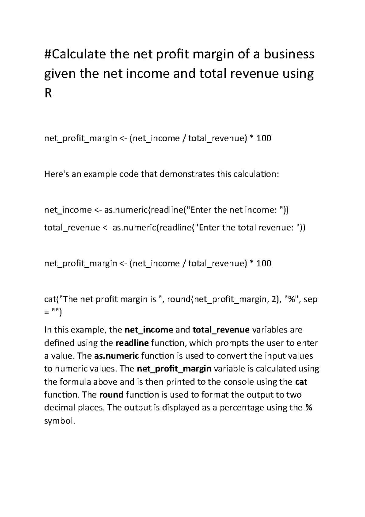 Net income and total revenue-R - The as function is used to convert the ...