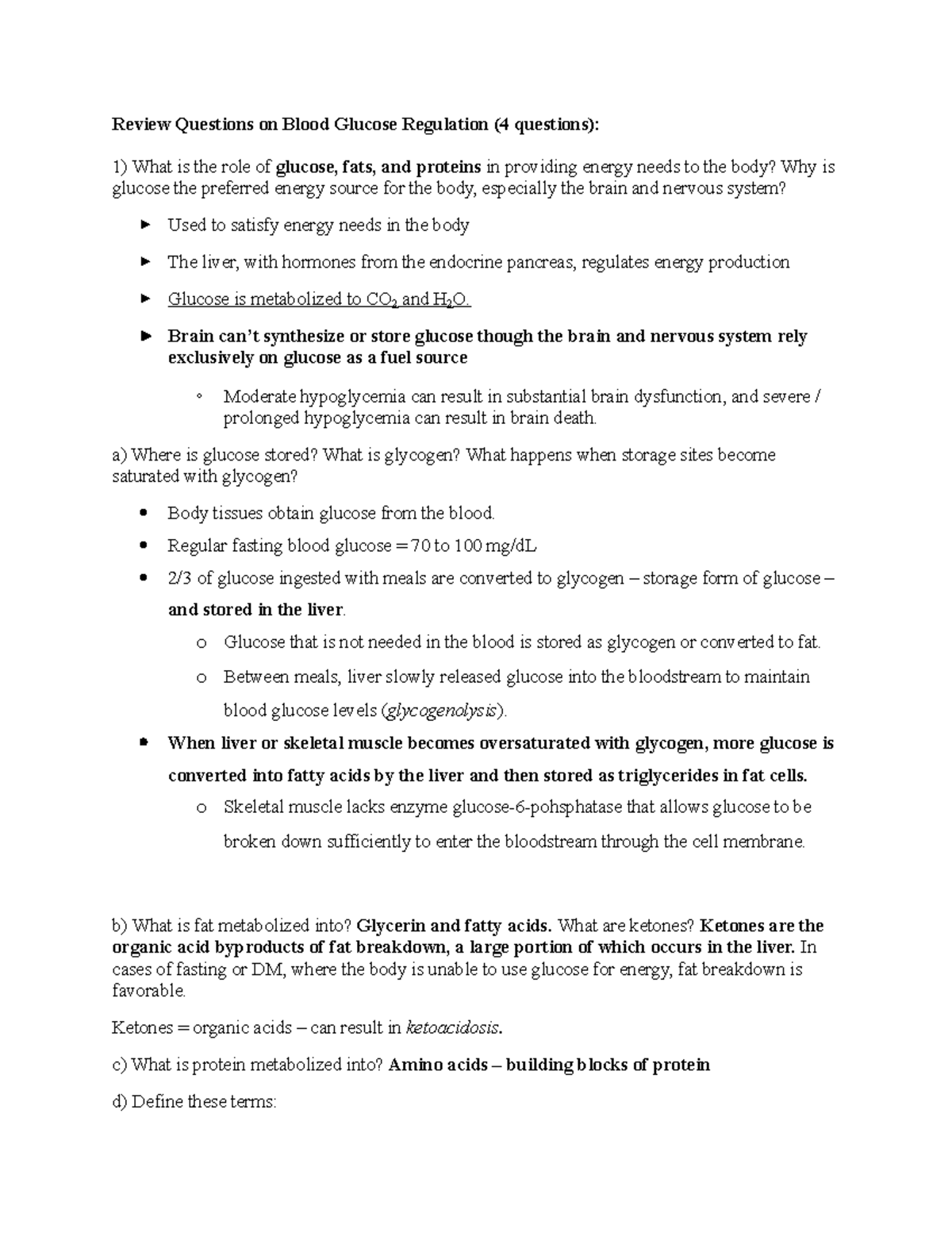 Diabetes Study Plan Exam 3 - Review Questions on Blood Glucose ...