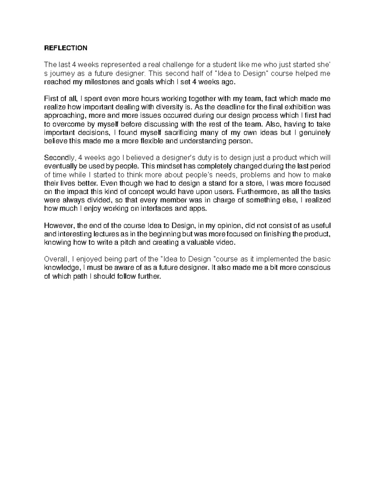 NEW Reflection Page - From Idea to Design - REFLECTION The last 4 weeks ...