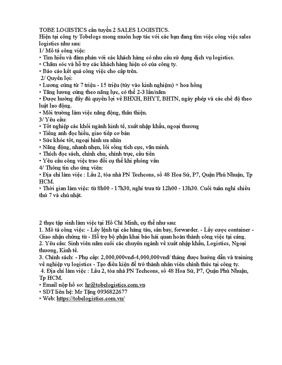 TOBE- Logistics - Mo ta - TOBE LOGISTICS cần tuyển 2 SALES LOGISTICS ...