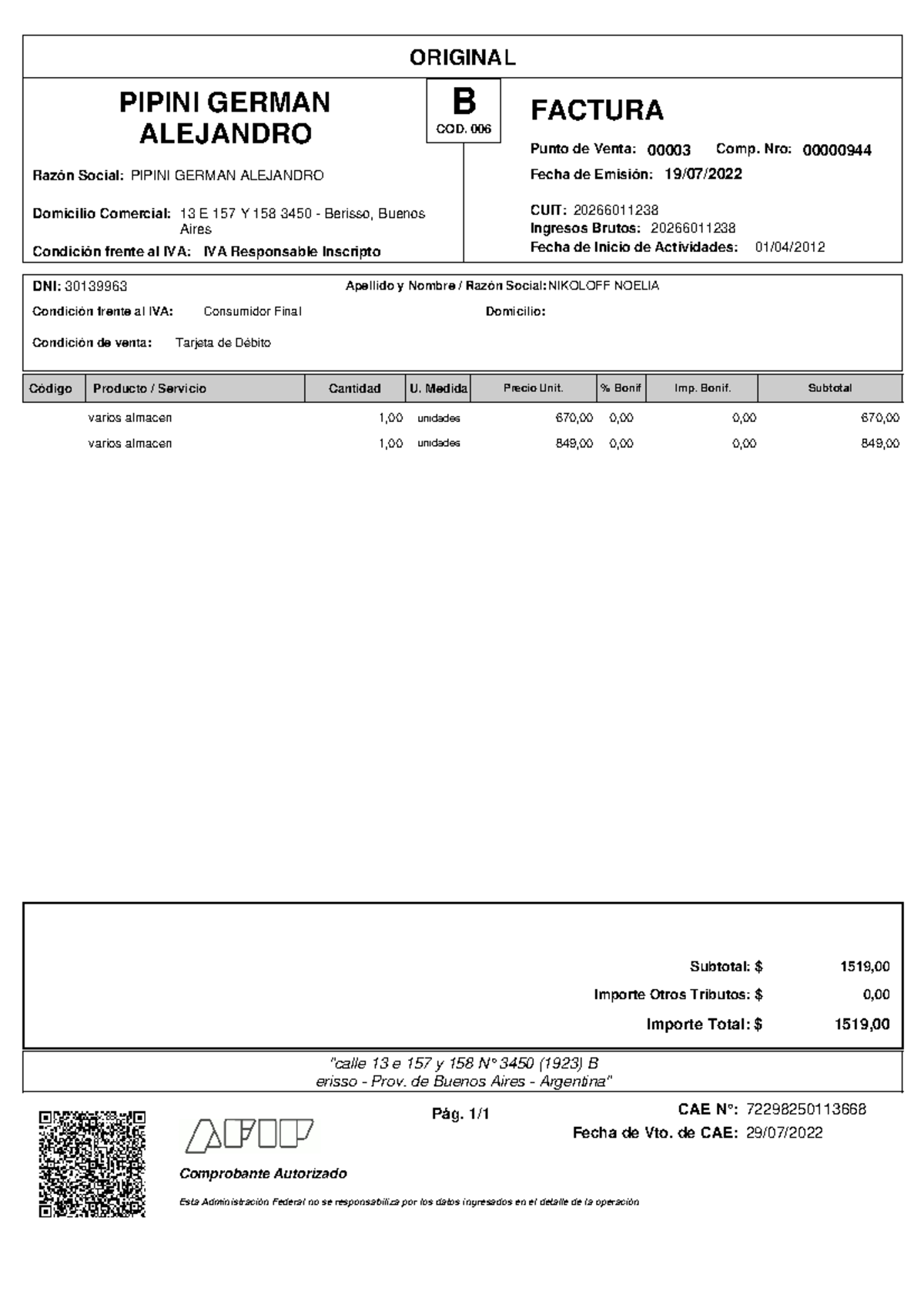 20266011238 006 00003 00000944 - Fecha de Emisión: ORIGINAL PIPINI ...