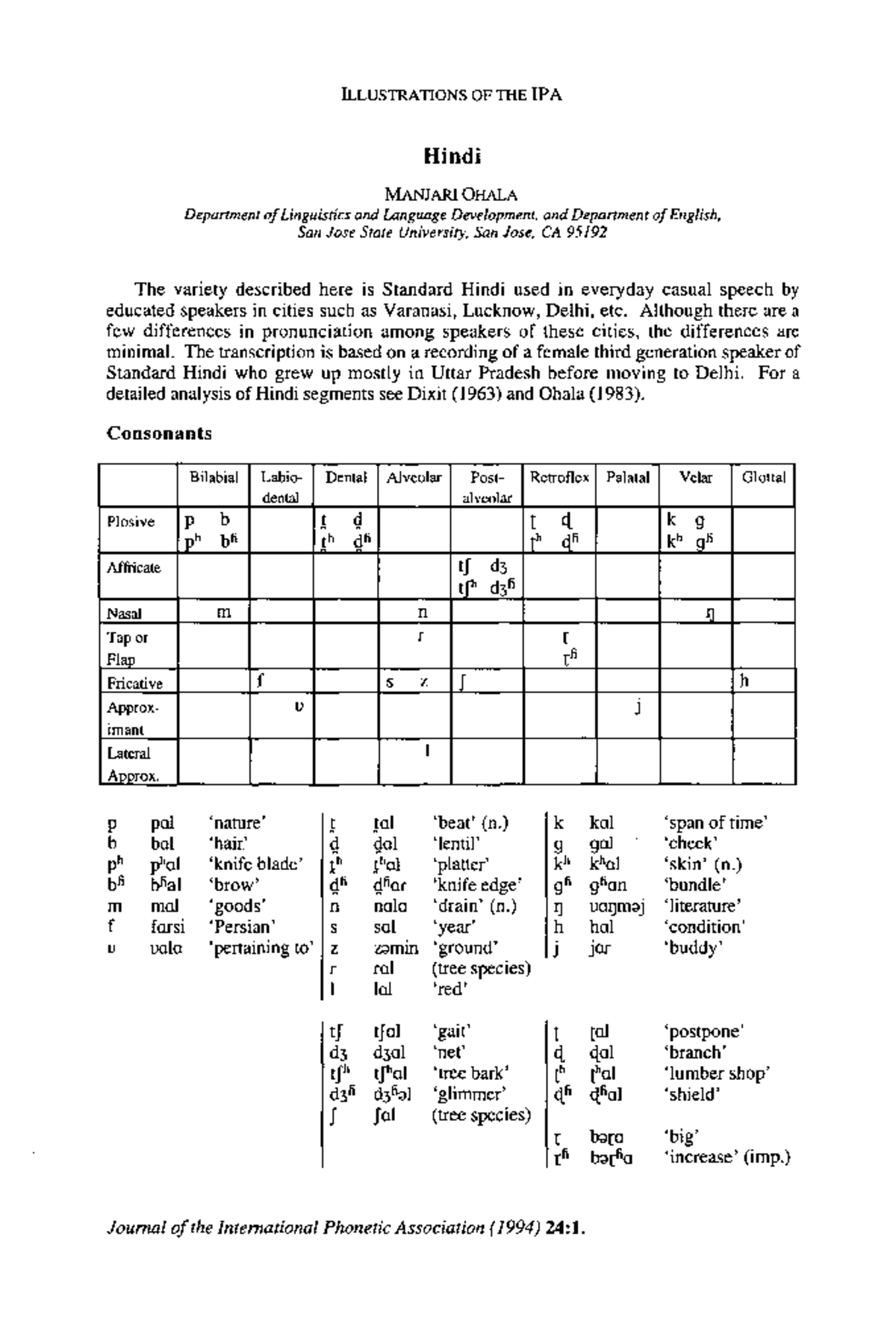 Hindi IPA - Hindi ####### MANJARI OHALA Department of Linguistics and Language Development, and ...