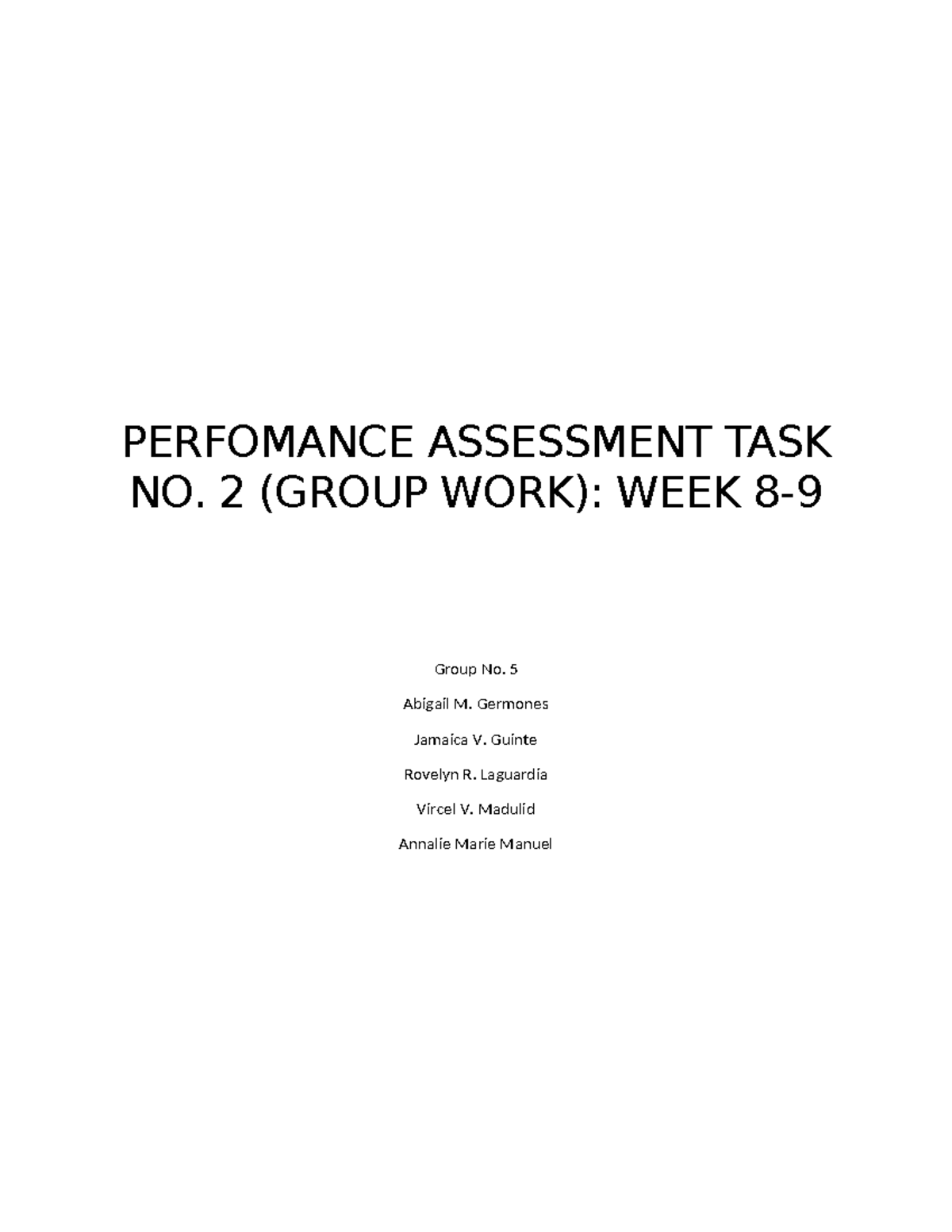 Task No. 1 Perfomance Assessment TASK NO. 2 Group 5 - PERFOMANCE ASSESSMENT TASK NO. 2 (GROUP ...