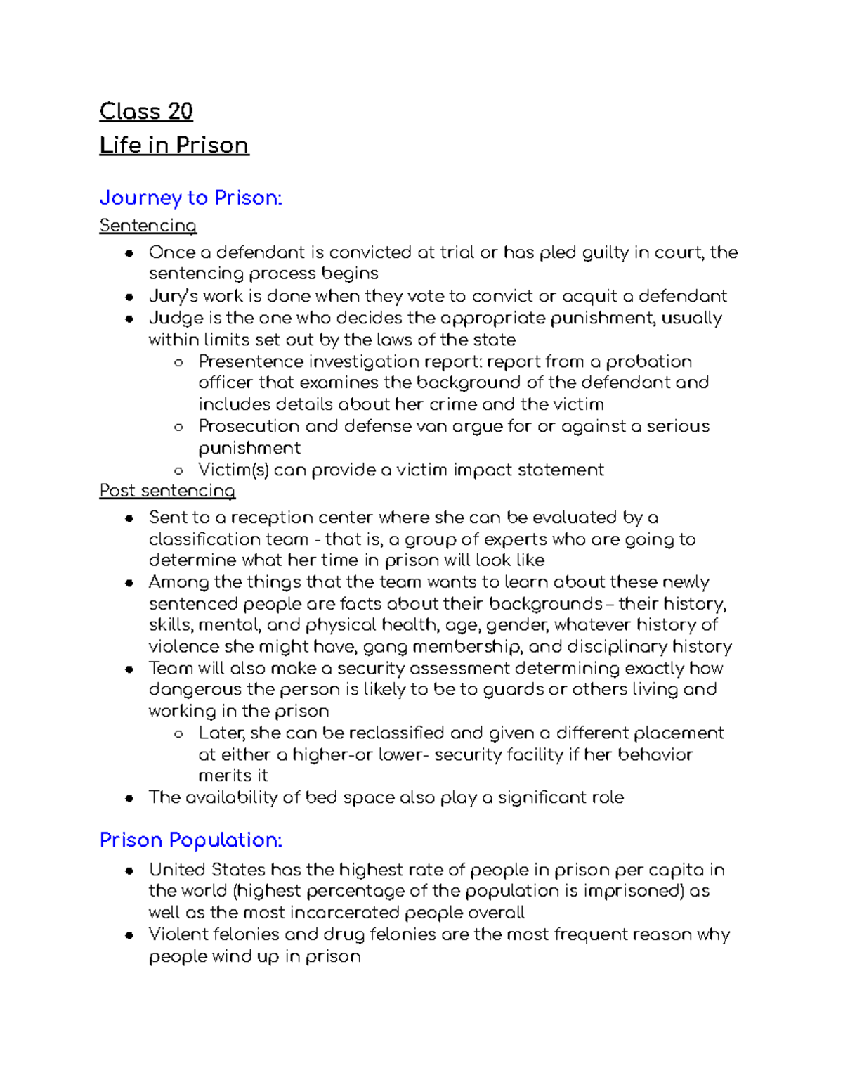 Criminal Justice Class 20 Notes - Class 20 Life in Prison Journey to ...