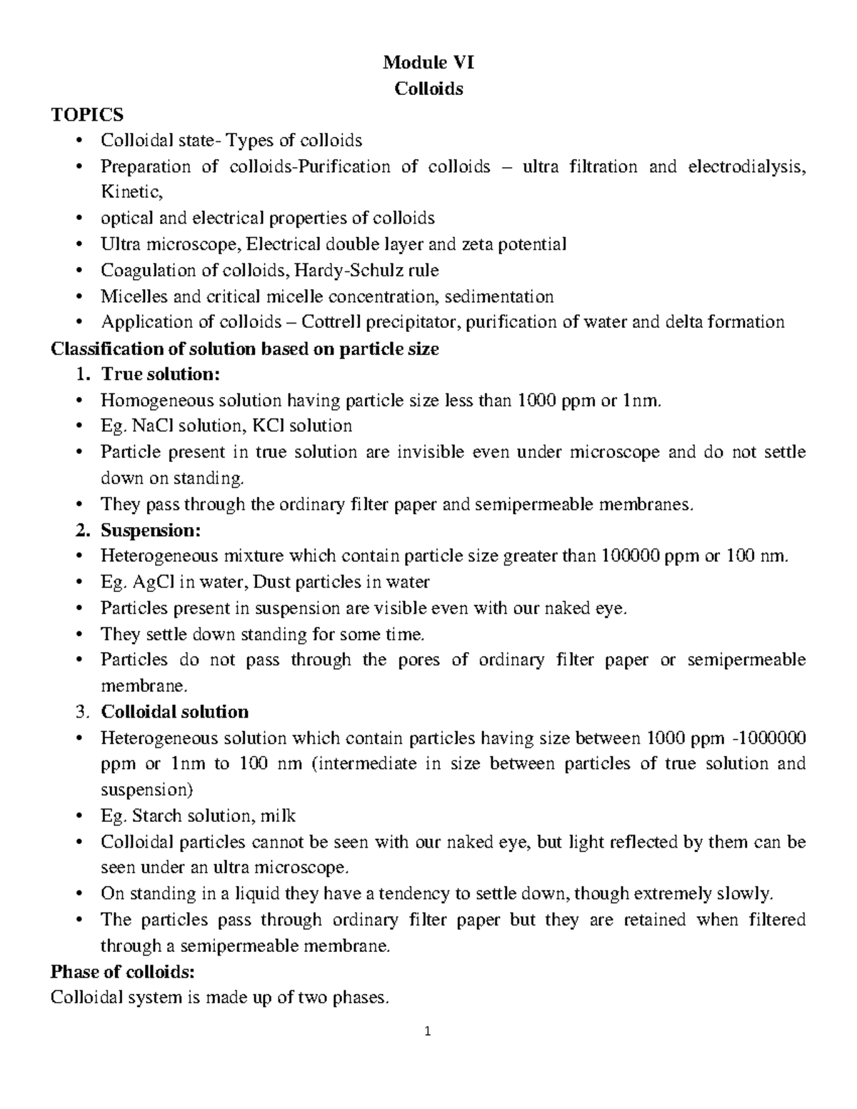 Module VI Colloids note 1 - Module VI Colloids TOPICS Colloidal state- Types of colloids ...