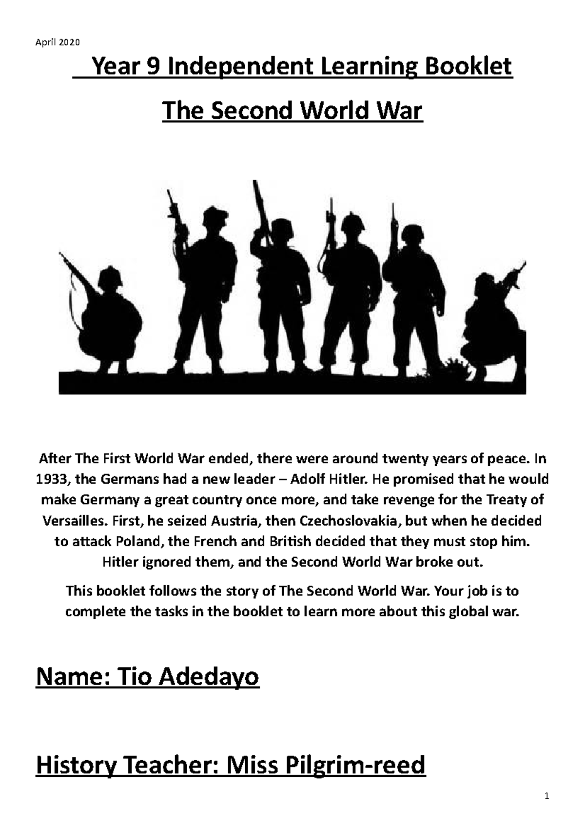 History booklet - the second world war - Year 9 Independent Learning ...