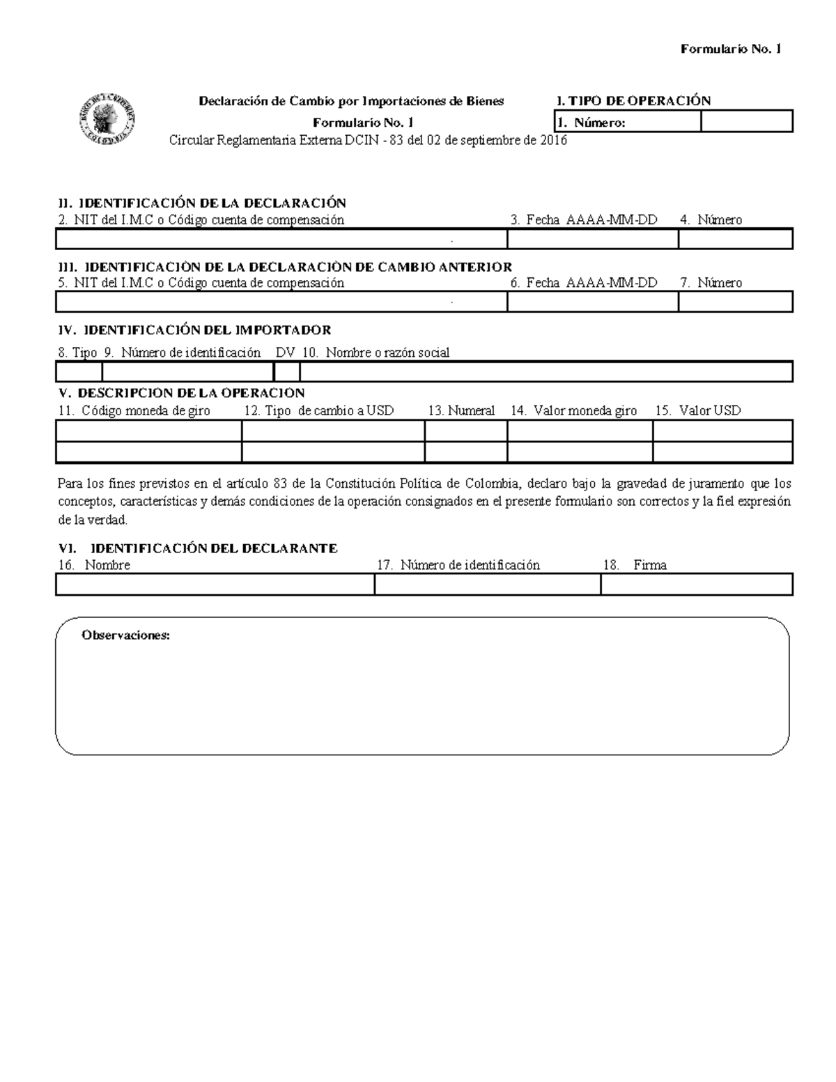 Formulario 1 - ghghg - Formulario No. 1 I. TIPO DE OPERACIÓN 1. Número ...