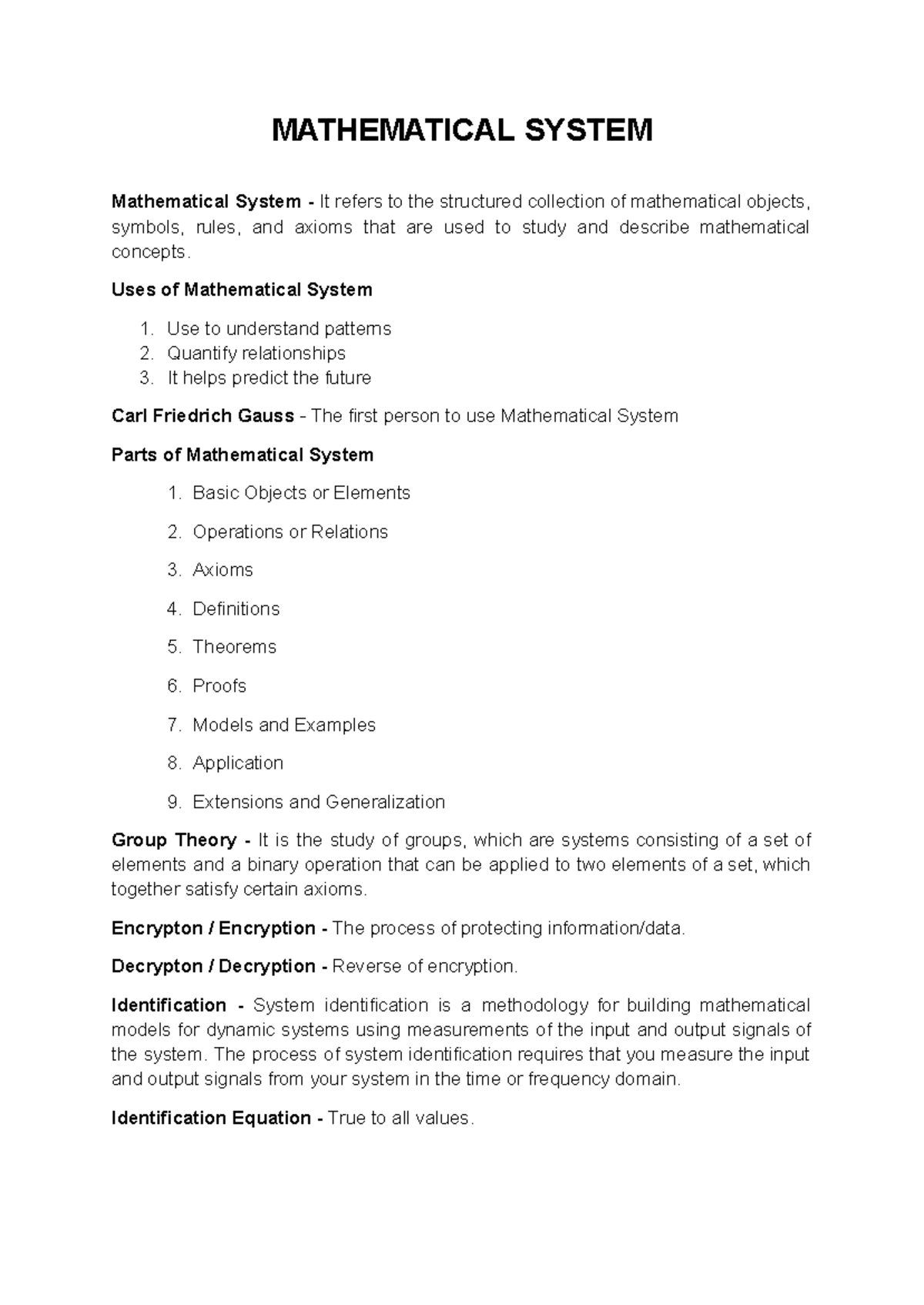 MMW-Reviewer - MATHEMATICAL SYSTEM Mathematical System - It refers to ...