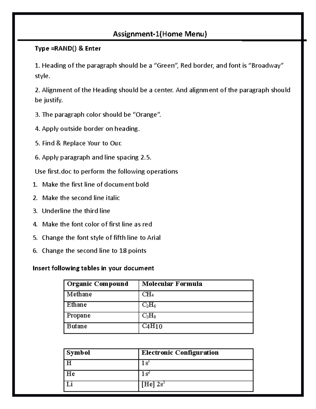 Word Assignment - Assignment-1(Home Menu) Type =RAND() & Enter Heading ...