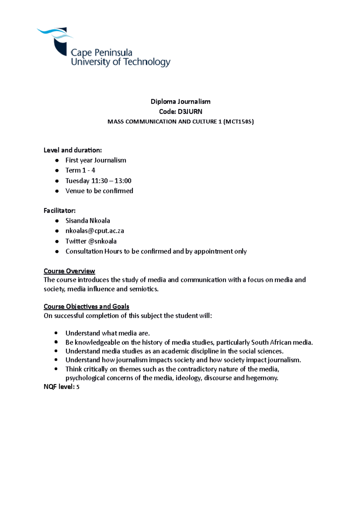 Mass Communication and Culture 1 Course Outline 2022 - Diploma ...