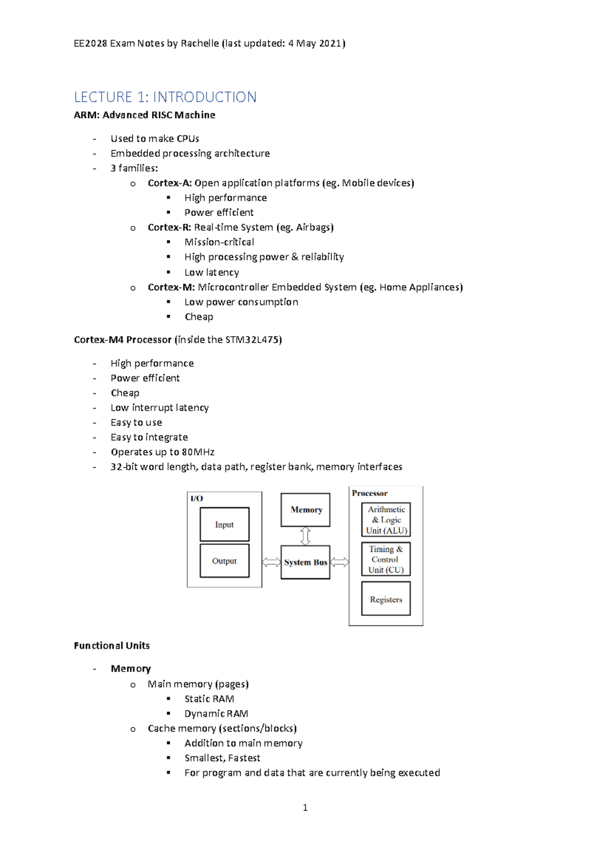 EE2028 Exam Notes - LECTURE 1: INTRODUCTION ARM: Advanced RISC Machine ...