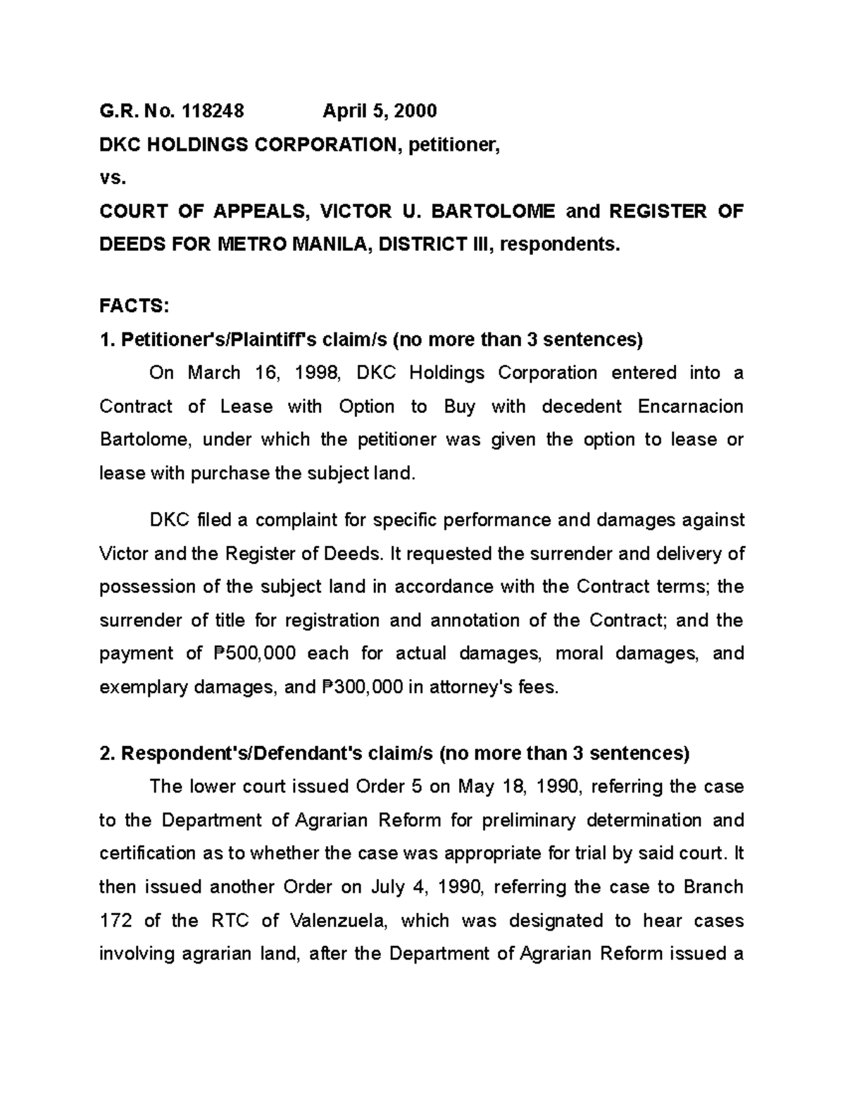 DKC Holdings Corporation vs. Court of Appeals 329 SCRA 666 - Law on ...