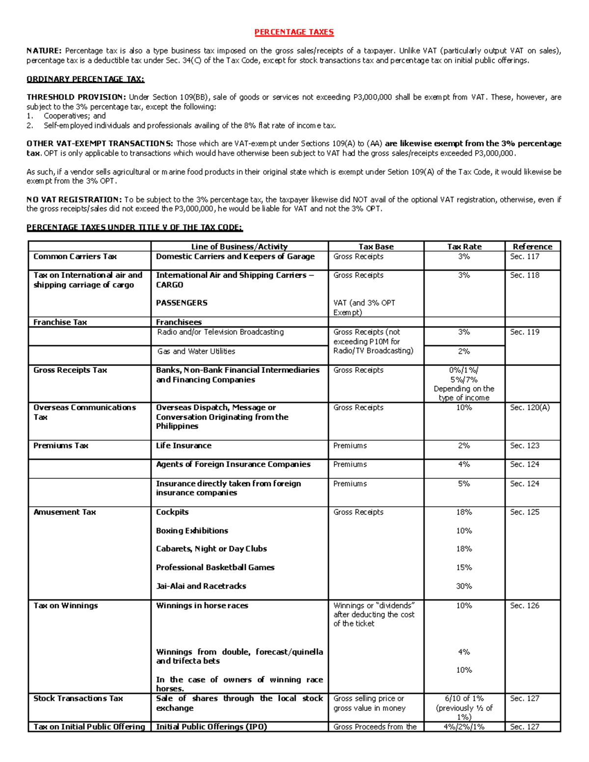 Taxation Percentage - Reviewer - PERCENTAGE TAXES NATURE: Percentage ...
