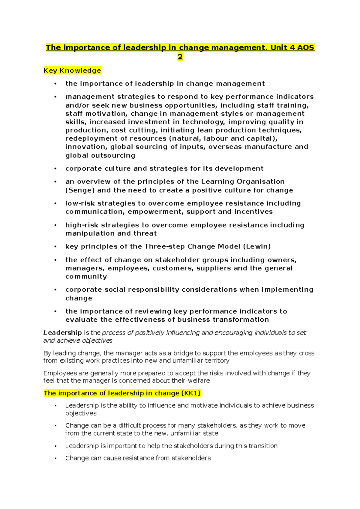 U4 AOS2 Notes - ds kd - The importance of leadership in change ...