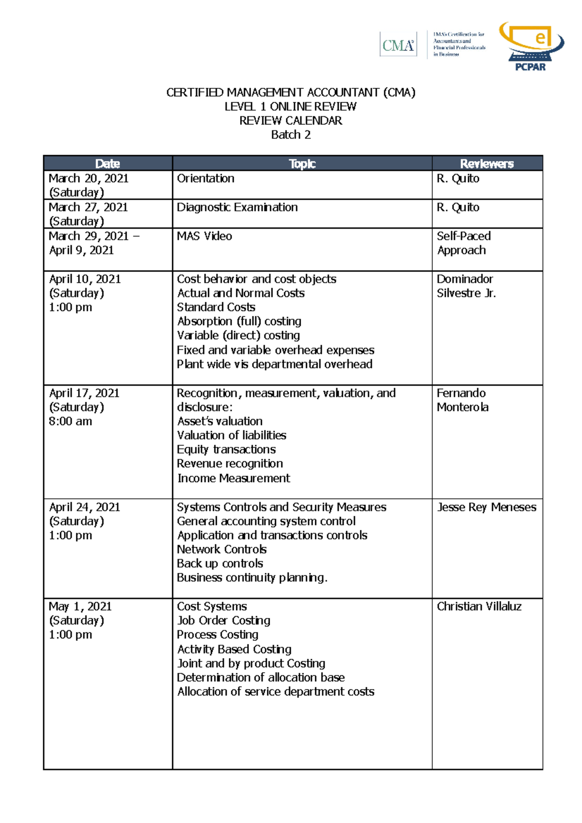 03 - CMA Part 1 - Review Calendar - CERTIFIED MANAGEMENT ACCOUNTANT ...