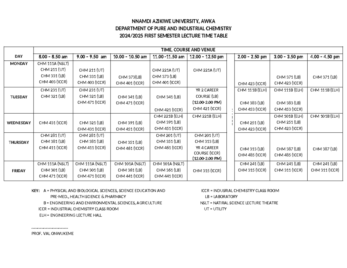 Dept of Chemistry 2024-2025 First Semester Lecture Time Table - NNAMDI ...