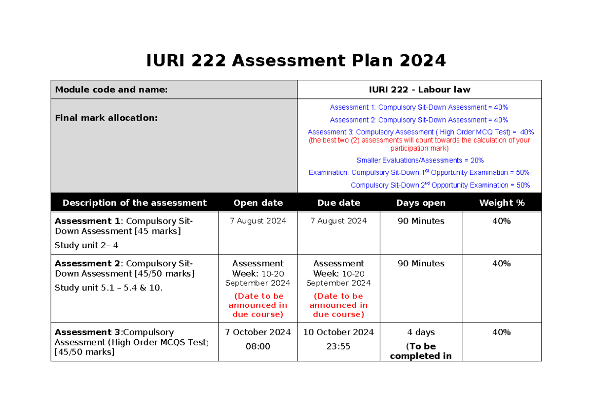 IURI 222 Assessment Plan 2024 - IURI 222 Assessment Plan 2024 Module ...