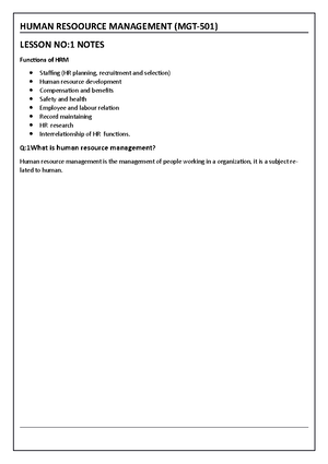 Spring 2023 MGT501 1 - Assignment no. 01 - HUMAN RESOURCE MANAGEMENT (MGT501) ASSIGNMENT # 01 BC ...
