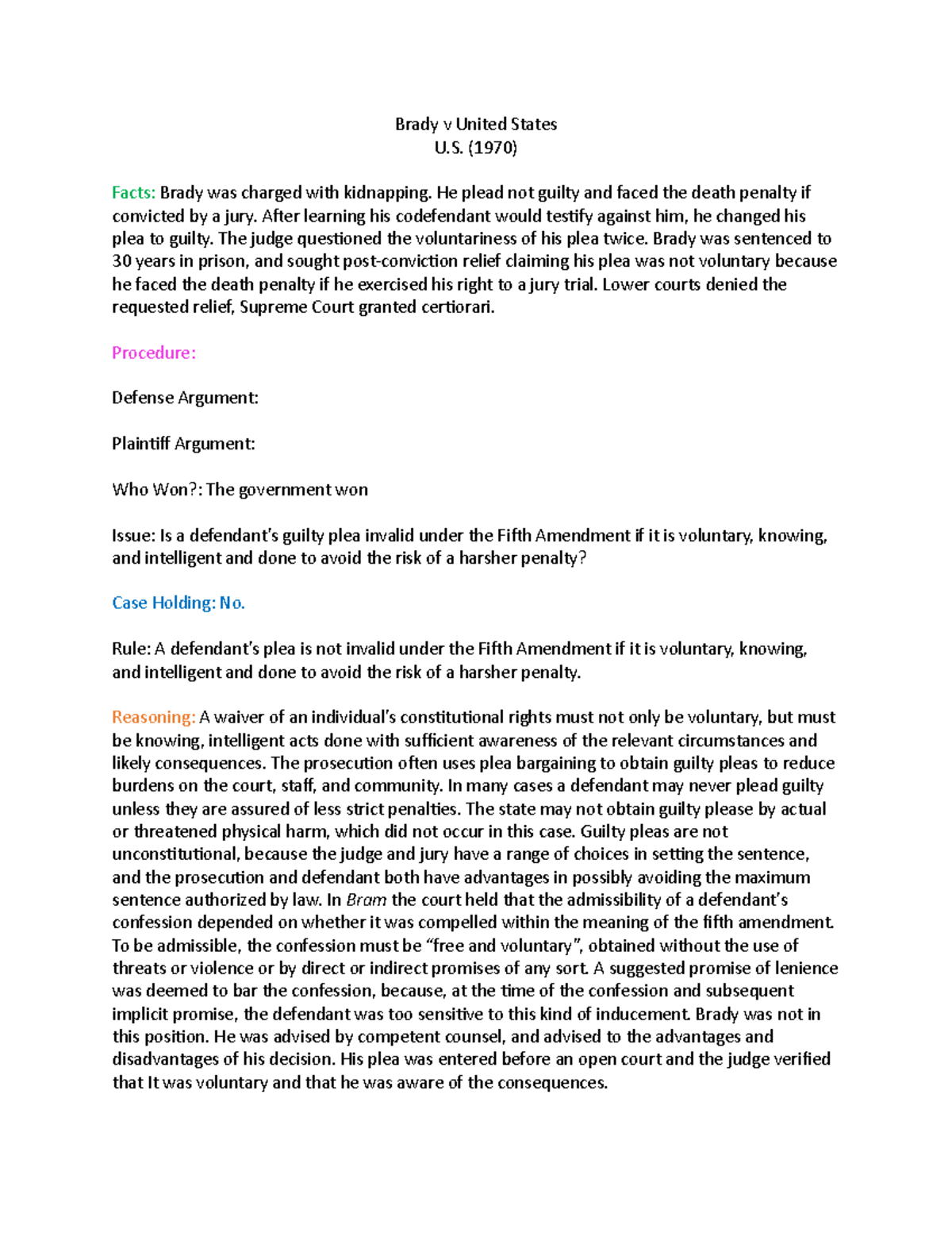 Brady v United States - (1970) Facts: Brady was charged with kidnapping ...