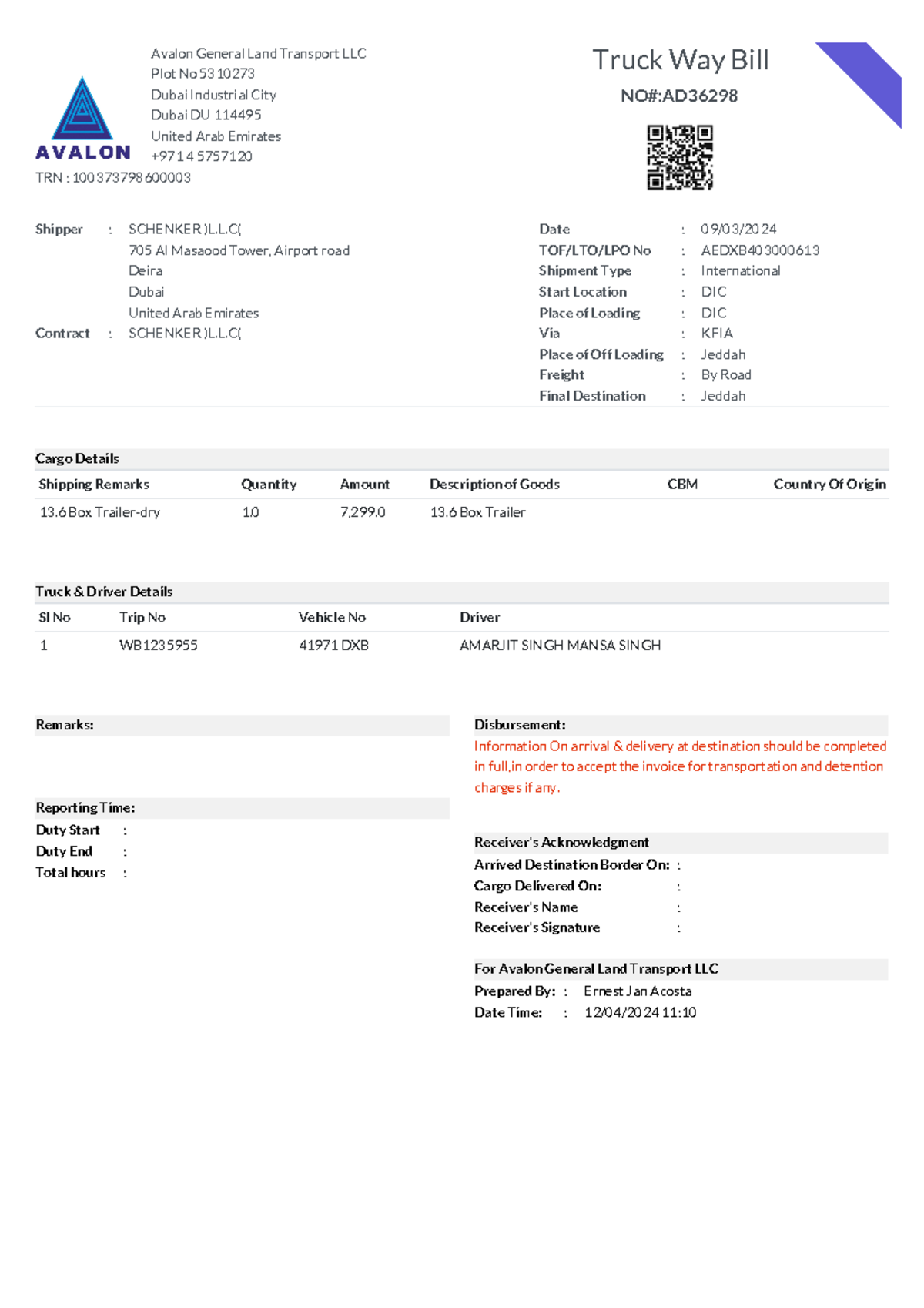Jobcard Truck Way Bill (21) - Shipper : SCHENKER )L.L( 705 Al Masaood ...