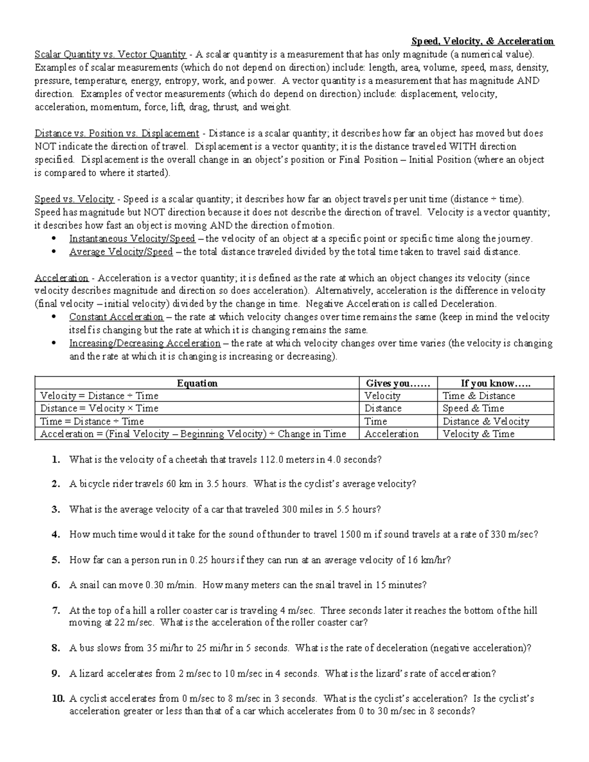 Velocity acceleration worksheet domino dash lab - Speed, Velocity ...
