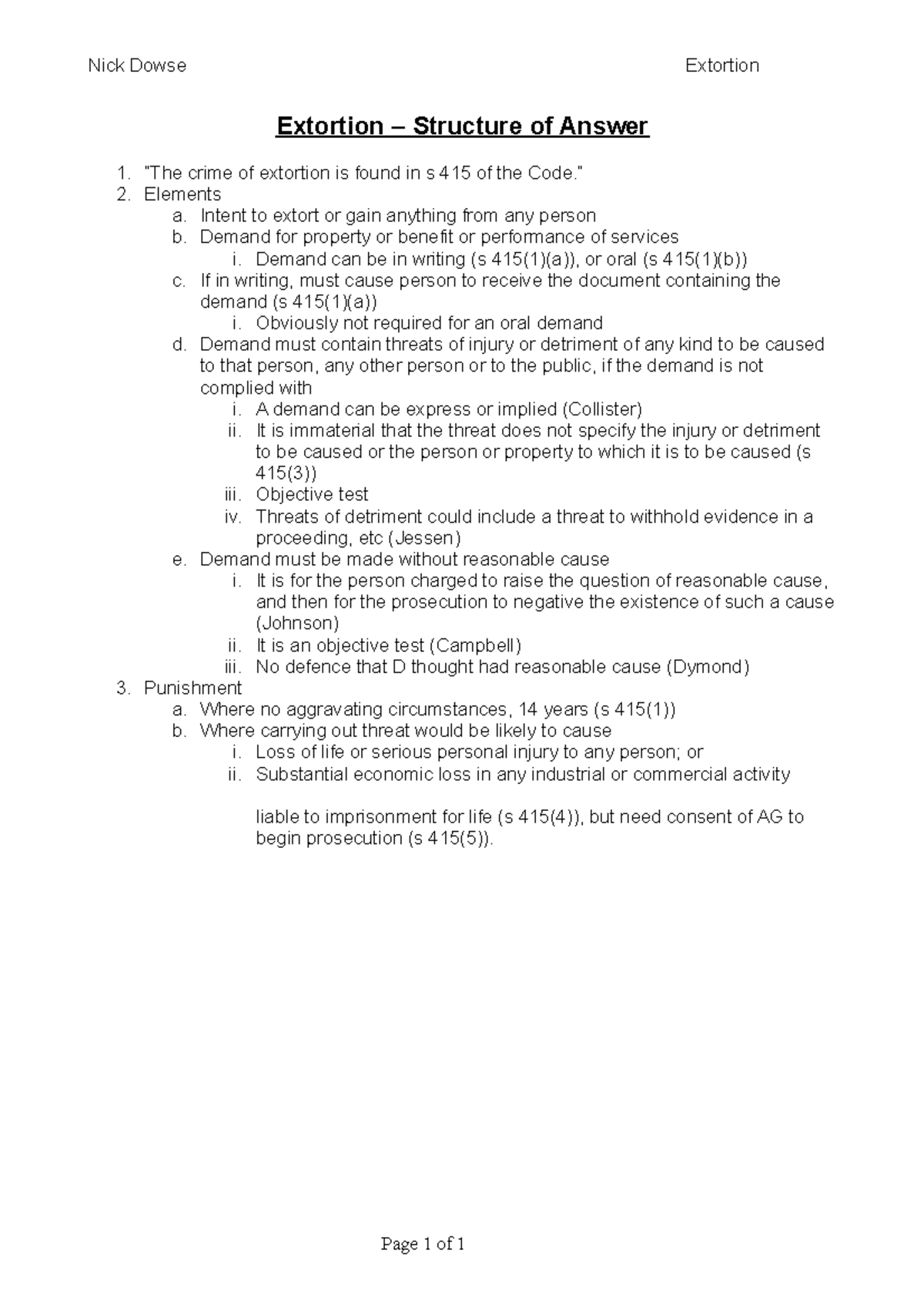 Extortion – Structure of Answer rn - Nick Dowse Extortion Extortion ...