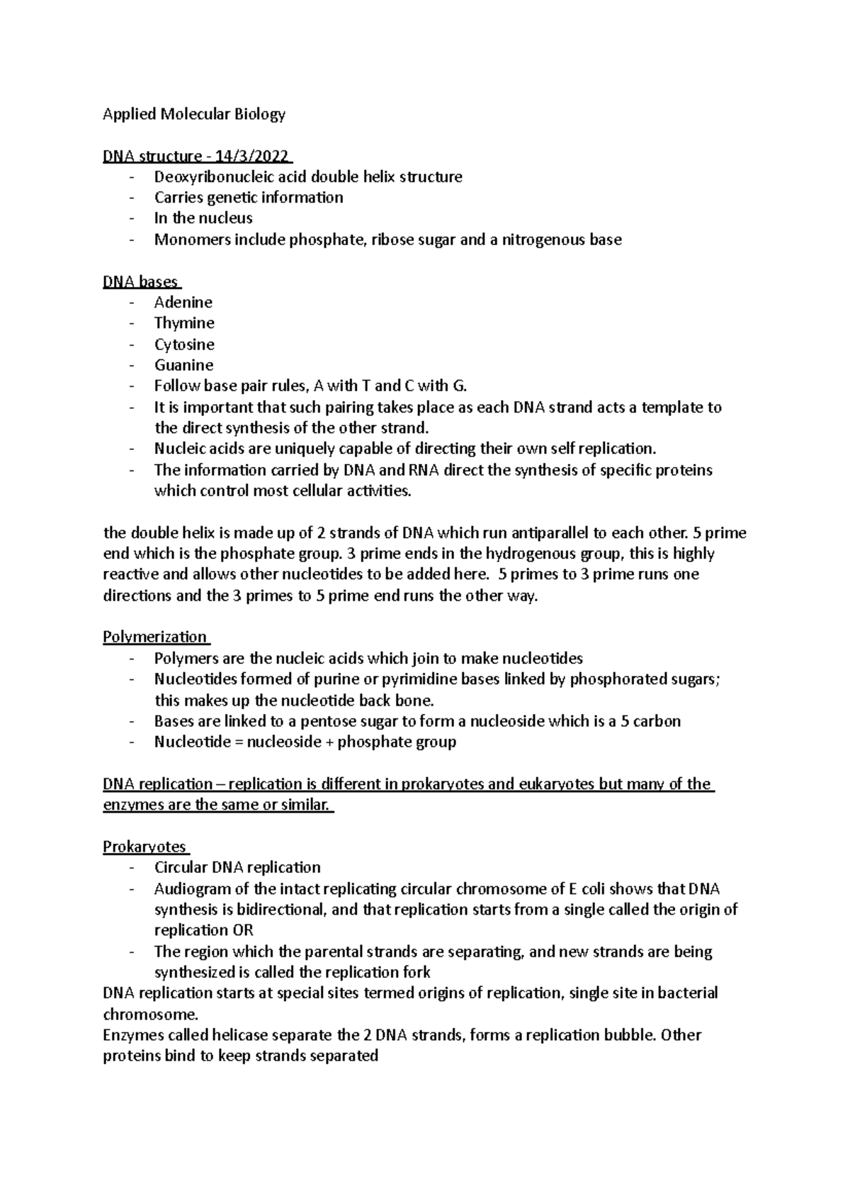 Applied Molecular Biology Main Notes - Applied Molecular Biology DNA ...